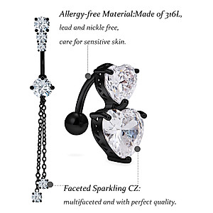 Vsnnsns 14G Belly Button Rings Belly Rings for Women Stainless Steel Belly Piercing Jewelry Surgical Steel Dangle Belly Button Rings Curved Navel Ring Barbell Heart CZ Body Jewelry Piercing Black