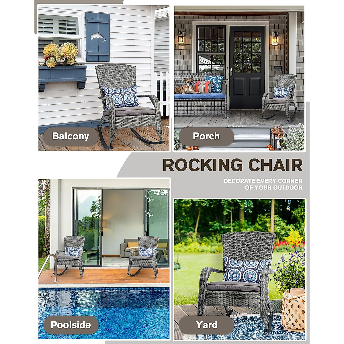 OYODHPDU Outdoor Rocking Chair- Rattan Patio Rocker Chairs with Cushions and Steel Frame- All Weather Outdoor Rocker Chair with 2 Replaceable Cushion Covers (Blue & Grey), 350lbs