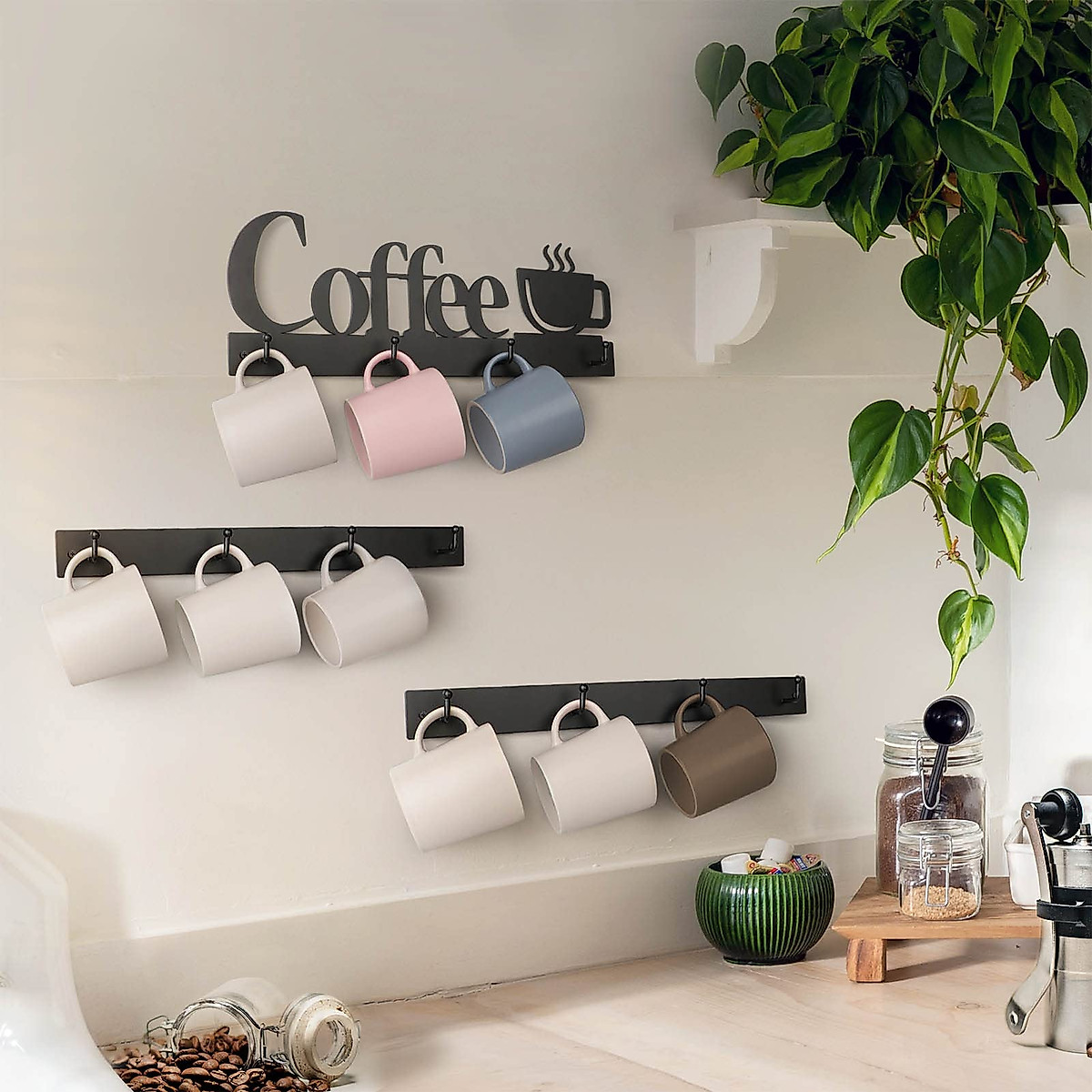 HULISEN Coffee Mug Wall Rack, Coffee Cup Holder Wall Mounted with 12 Heavy Duty Hooks and Metal Coffee Sign, Rustproof Tea Cup Hanger Display Decor for Coffee Bar, Kitchen, Office