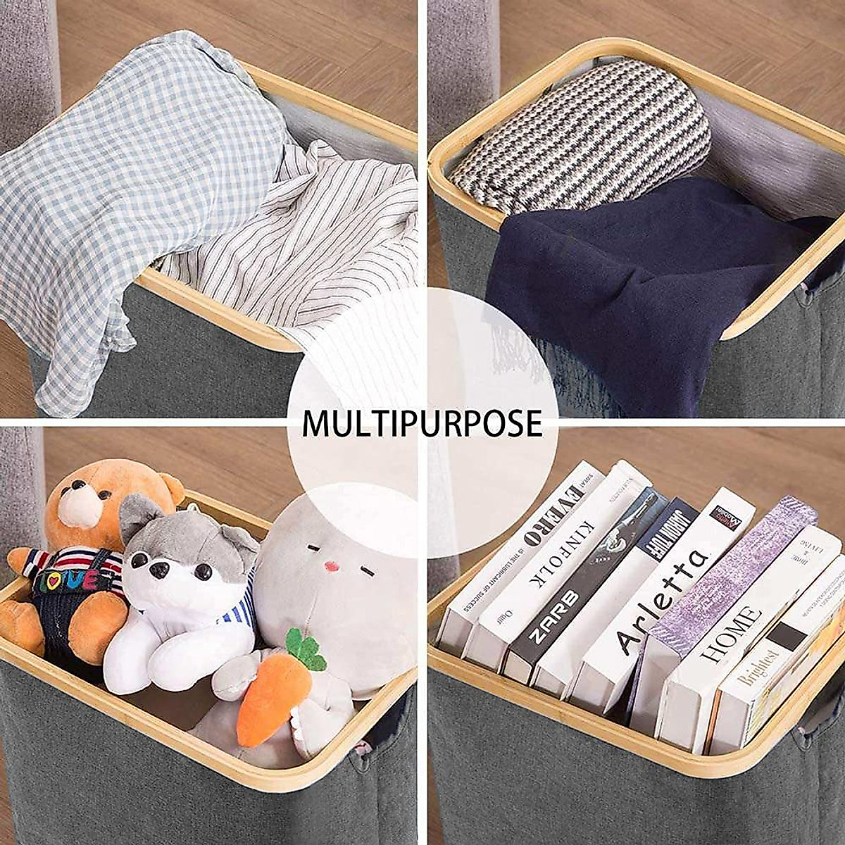 Mindore Laundry Hamper with Lid,60L Collapsible Laundry Basket with Bamboo Handles,Portable Clothes Hamper for Dorm Room, Bathroom, Bedroom,Grey Foldable Hamper for Toys, Closet, Clothing