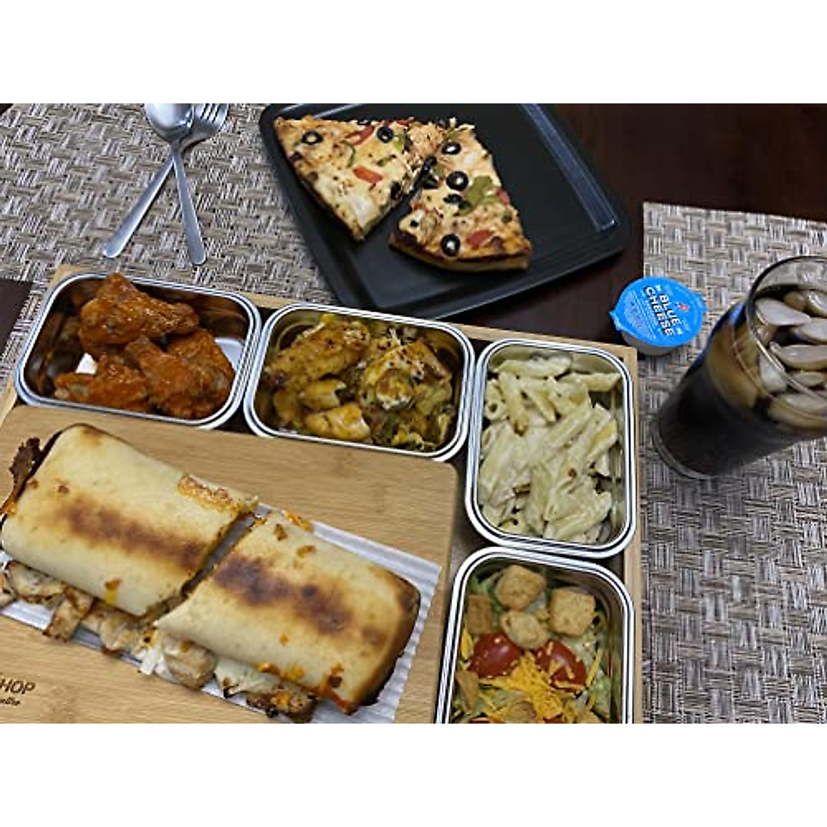 VERSACHOP Quattro - Totally natural organic bamboo cutting board with included stainless steel lunch boxes with airtight lids and serving tray. Perfect for meal prep, storage and organization.