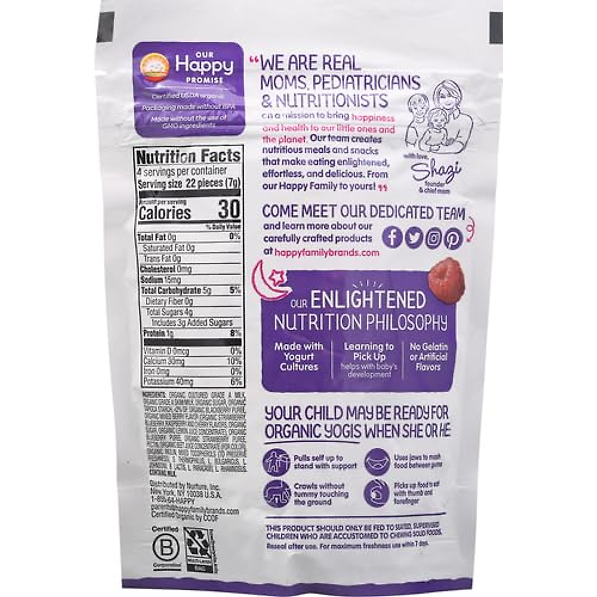 Happy Baby Organics Baby Snacks, Yogis, Freeze Dried Yogurt & Fruit Snacks, Gluten Free Snack for Babies 9+ Months, Mixed Berry, 1 Ounce (Pack of 1)