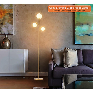 Fiqevs 3 Globe Gold Mid Century Floor Lamp, Modern Standing Lamp with Frosted Glass Shade & 3pcs Warm White LED Bulbs, Contemporary Tall Tree Lamp for Living Room, Bedroom - Antique Brass