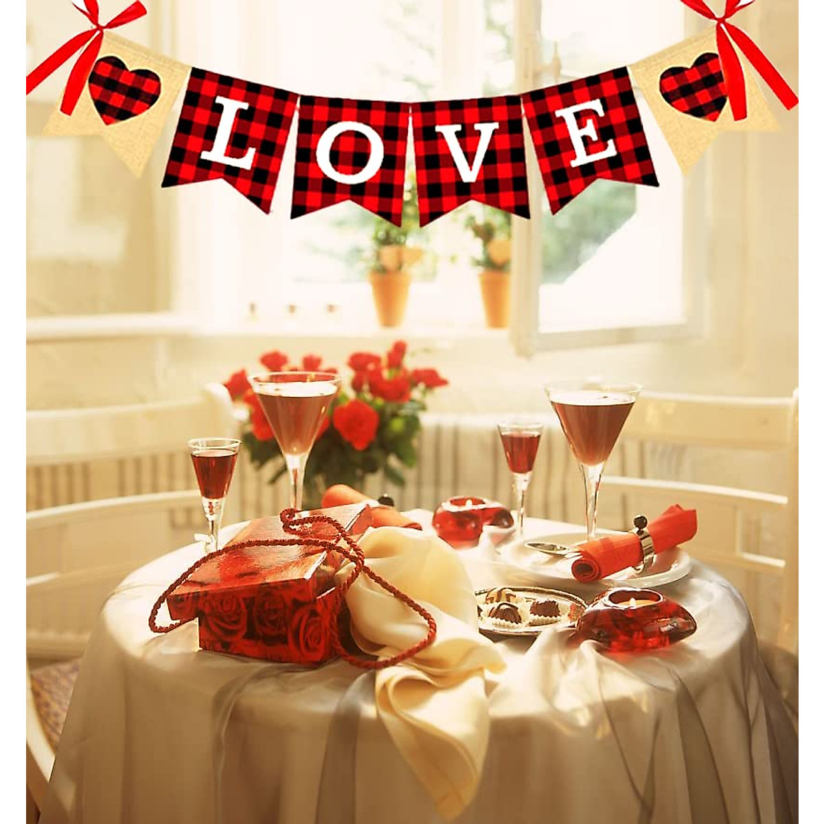 Gukuu&co Valentine's Day Decoration Buffalo Plaid Burlap Banner Red Love Signs for Wedding Anniversary Valentine's Decor