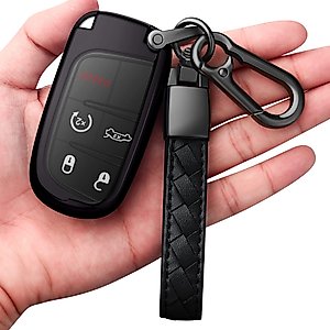 Compatible with Jeep Key Fob Cover with Leather Keychain Soft TPU Protection Key Case for Grand Cherokee Renegade Chrysler 200 300 Dodge RAM Durango Challenger Journey Dart Fiat Smart Key,Black