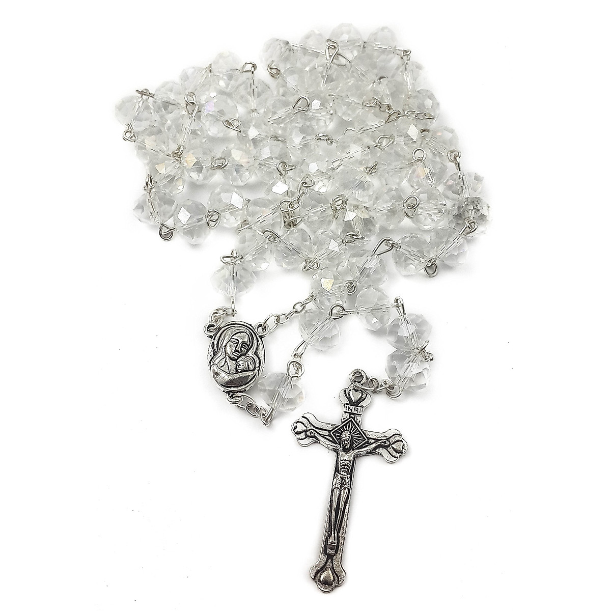 Nazareth Store White Clear Crystal Beads Rosary Prayer Beaded Necklace with Holy Soil Medal and Jesus Cross Communion Rosary