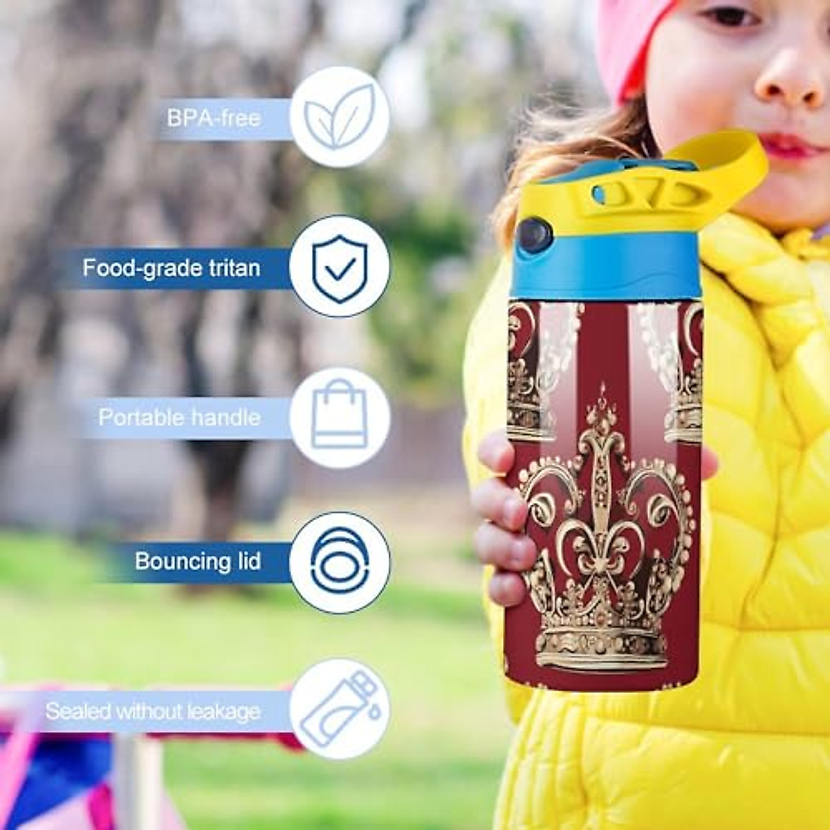 Stainless Steel Water Bottles Red Crown Travel Water Cups with Handle And Silicone Straw Drinking Cup with Leak Proof Lid Thermo Travel Mug for Women Men