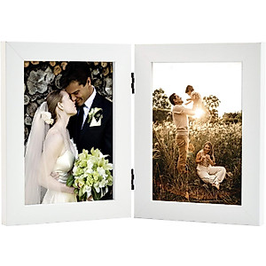 Golden State Art, 5x7 Double Picture Frame Vertical Hinged Photo Frame 2 Opening Folding Family Frames Collage, with Real Glass (5x7, White, 1-Pack)