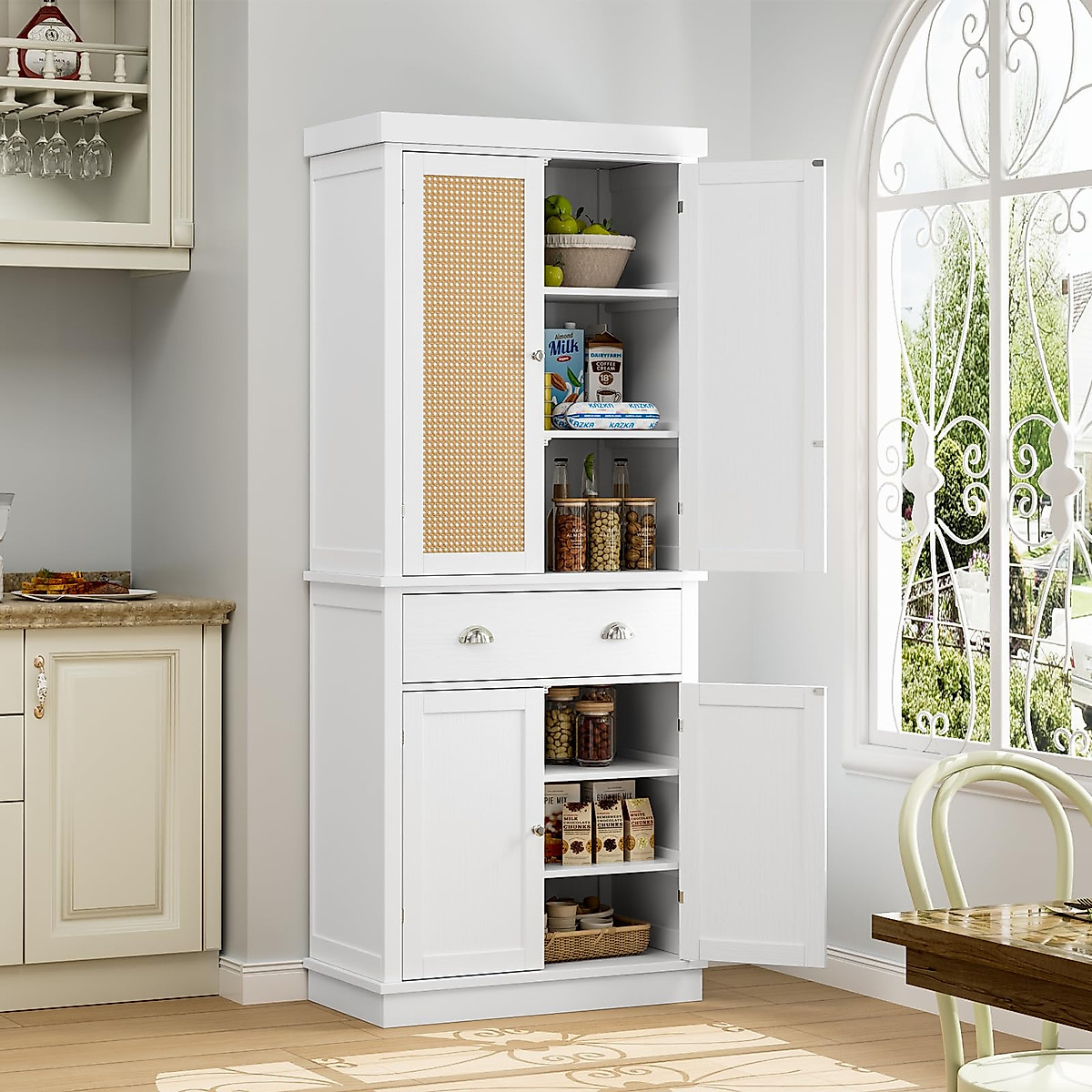 FACBOTALL 72.4” Kitchen Pantry Cabinet, Freestanding Cupboard with Rattan Doors and Large Drawer, Utility Pantry Cabinet, Tall Kitchen Pantry Storage Cabinet for Kitchen, Dining Room, White