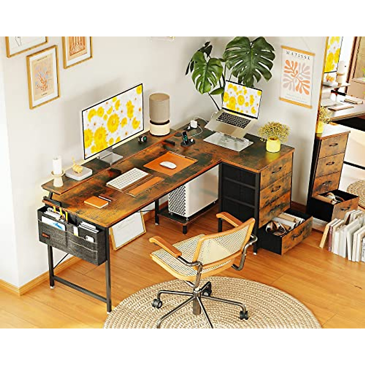 ODK 55 inch L Shaped Computer Desk with USB Charging Port & Power Outlet, L-Shaped Corner Desk with 4 Tier Drawer & Monitor Shelf for Home Office Workstation, Modern Style Writing Table, Vintage