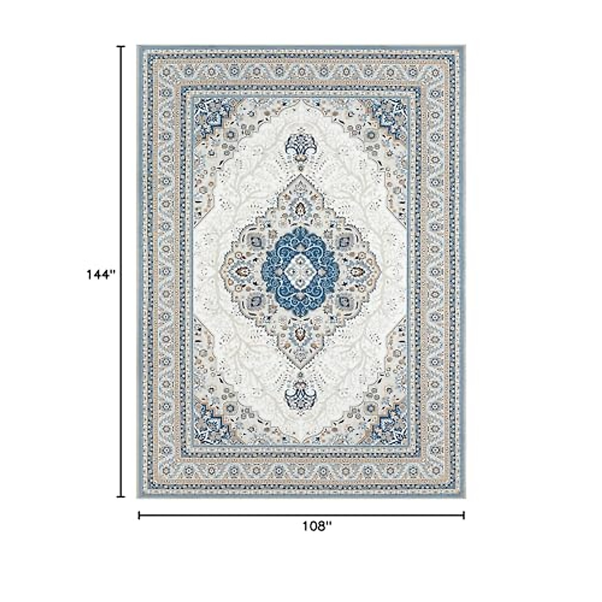 Area Rug Living Room Rugs: 9x12 Machine Washable Rug Soft Low Pile Area Rug with Non-Slip Backing, Medallion Floor Carpet for Bedroom Dining Room Nursery Home Office-Blue/Cream
