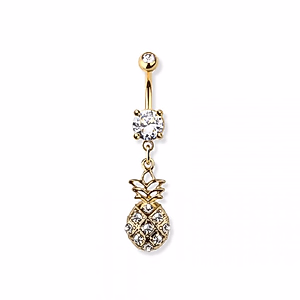 Pierced Owl 14GA 316L Stainless Steel CZ Crystal Pineapple Dangling Belly Button Ring (Gold Tone)