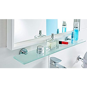 tesa SMOOZ Glass Bathroom Shelf - No Drill Shelf Made of Satined Glass and Chrome-Plated Metal - Stainless - Waterproof - Includes Removable Adhesive Solution, 121 mm x 600 mm x 50 mm