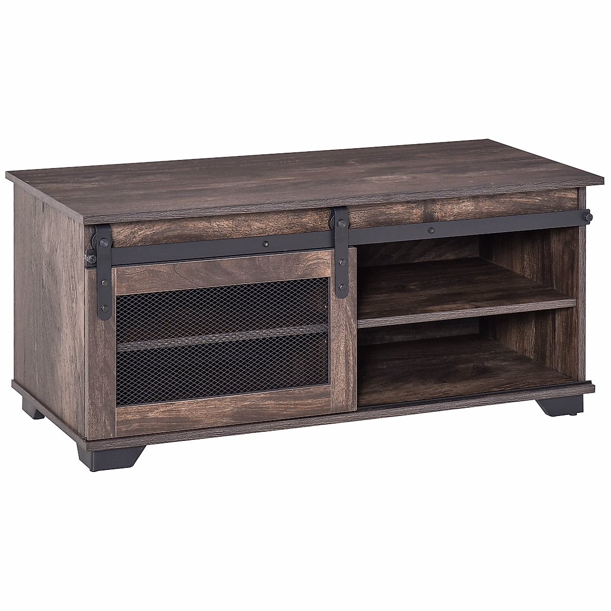 HOMCOM Farmhouse Coffee Table with Storage, Sliding Mesh Barn Door, Industrial Cocktail Table with Adjustable Shelves for Living Room, Dark Brown