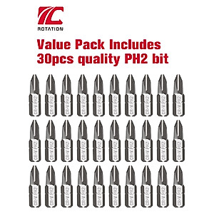 ROTATION 30-Piece Phillips #2 Bit Set PH2, Impact Grade, 1/4-inch Hex Shank, Chrome Vanadium Steel