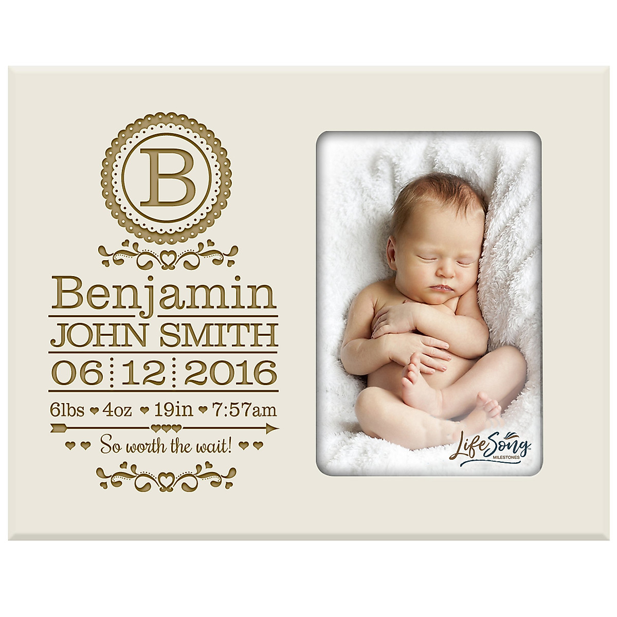 LifeSong Milestones Personalized New Baby Birth Announcement Monogram Picture Frame for Newborn Boys and Girls Custom Engraved Photo Frame for New mom and dad Parents and Grandparents (Ivory)