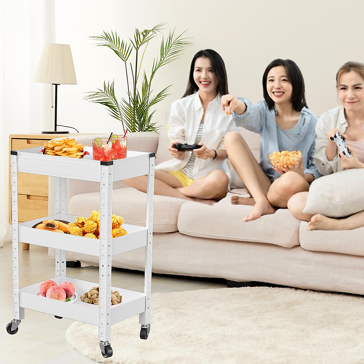 500lb 3 Tier Rolling Utility Cart, Heavy Duty Carbon Steel Shelving Unit Organizer Trolley with Wheels, Kitchen Storage Cart with Adjustable Shelves, Service Cart for Home Bathroom Laundry Room