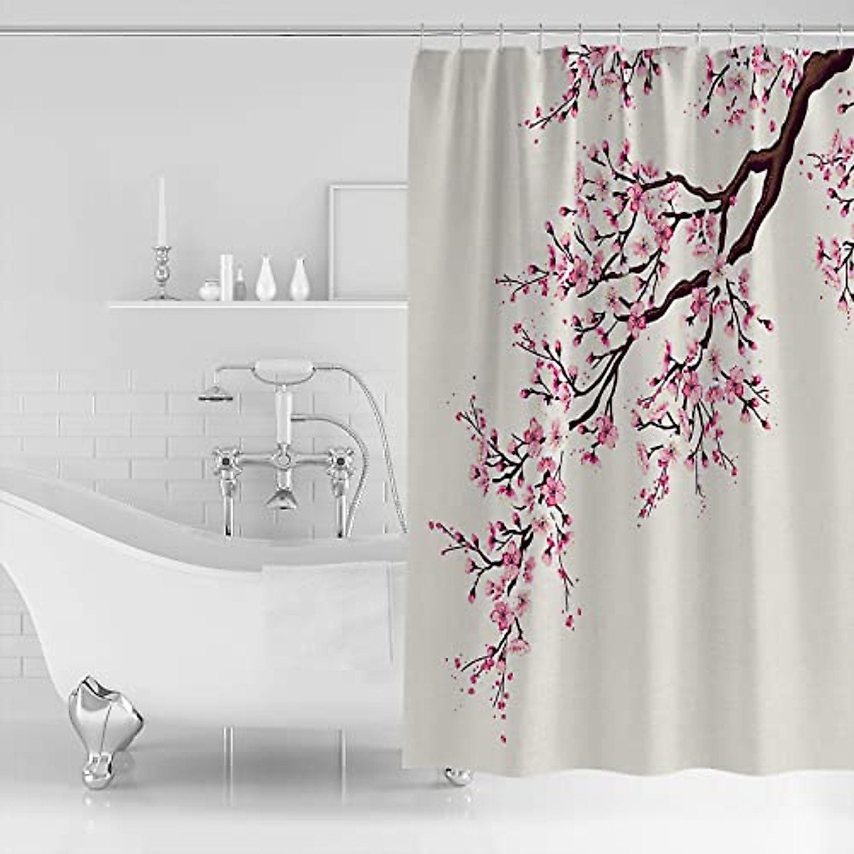 Blooming Cherry Tree Shower Curtains for Bathroom Decoartion, Waterproof Cloth Shower Curtains Durable Bath Curtain for Showers Bathtubs Pink Floral Rustic Burlap Backdrop 36x72 IN Hooks Included