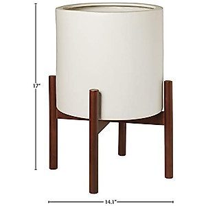 Amazon Brand – Rivet Surrey Modern Ceramic Planter Pot with Wood Plant Stand, 17"H, White