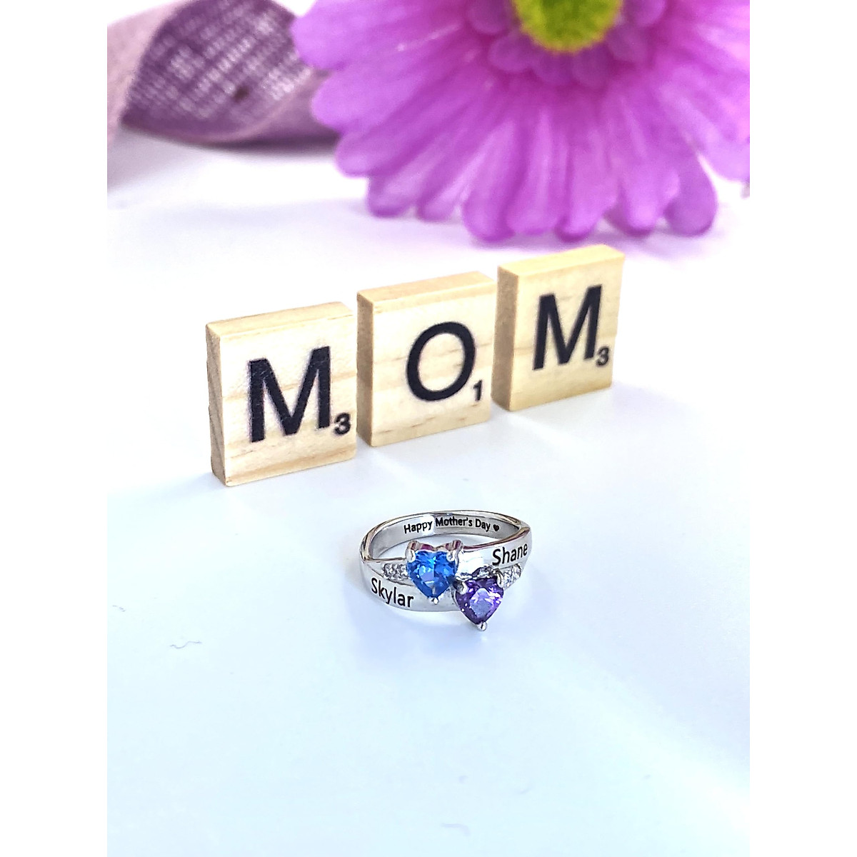 PaulaMax Jewelry Promise Rings for Her – Custom Birthstone Ring for Women in Sterling Silver – Personalized 2 Heart Birthstones, Size 8