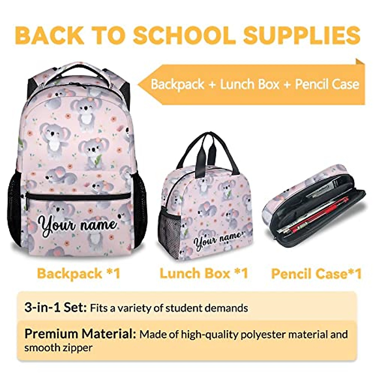 CUNEXTTIME Custom Koala Backpack with Lunch Box And Pencil Case, Set of 3 Cute Bookbag for Girls Boys, Lightweight Large Capacity School Bag