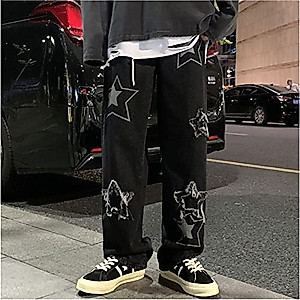 Y2K Baggy Jeans Mens Straight Wide Leg Vintage Denim Pants Black Hip Hop Patchwork Trousers