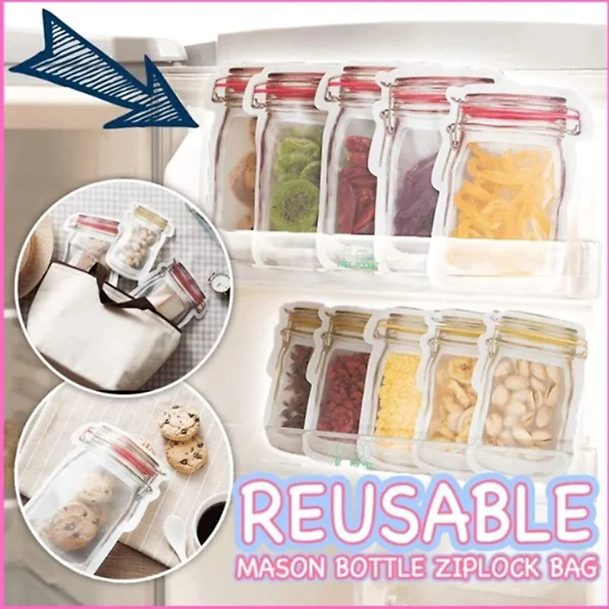 Hubosale Ziplock Bags, Hubosale Food Storage Bags, Reusable Mason Bottle Ziplock Bags Hubosale, Food Storage Plastic Bags Multi-size Leak Proof Zipper Bags for Kitchen Camping Travel Office
