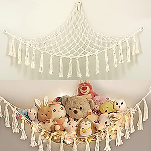 ELTNEGSA Boho Stuffed Animal Hammock with LED Light，Stuffed Animal Storage for Girls Room Decor and Nursery Decor,Stuffed Animal Net for Baby Room Decor and Toddler Room Decor for Girls