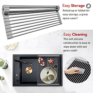 MERRYBOX Roll Up Dish Drying Rack, Over The Sink Dish Rack Foldable, Heat-Resistant, Anti-Slip Silicone Coated Steel Dish Drainer for Kitchen Counter, Multipurpose Roll Up Sink Drying Rack, 17" x 13"