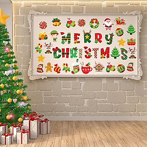 Estune 72 Pcs Merry Christmas Bulletin Board Set Winter Decoration Set Christmas Tree Candy Wreath DIY Cardstock Paper Cutout Holiday Borders Bulletin Teacher Supplies