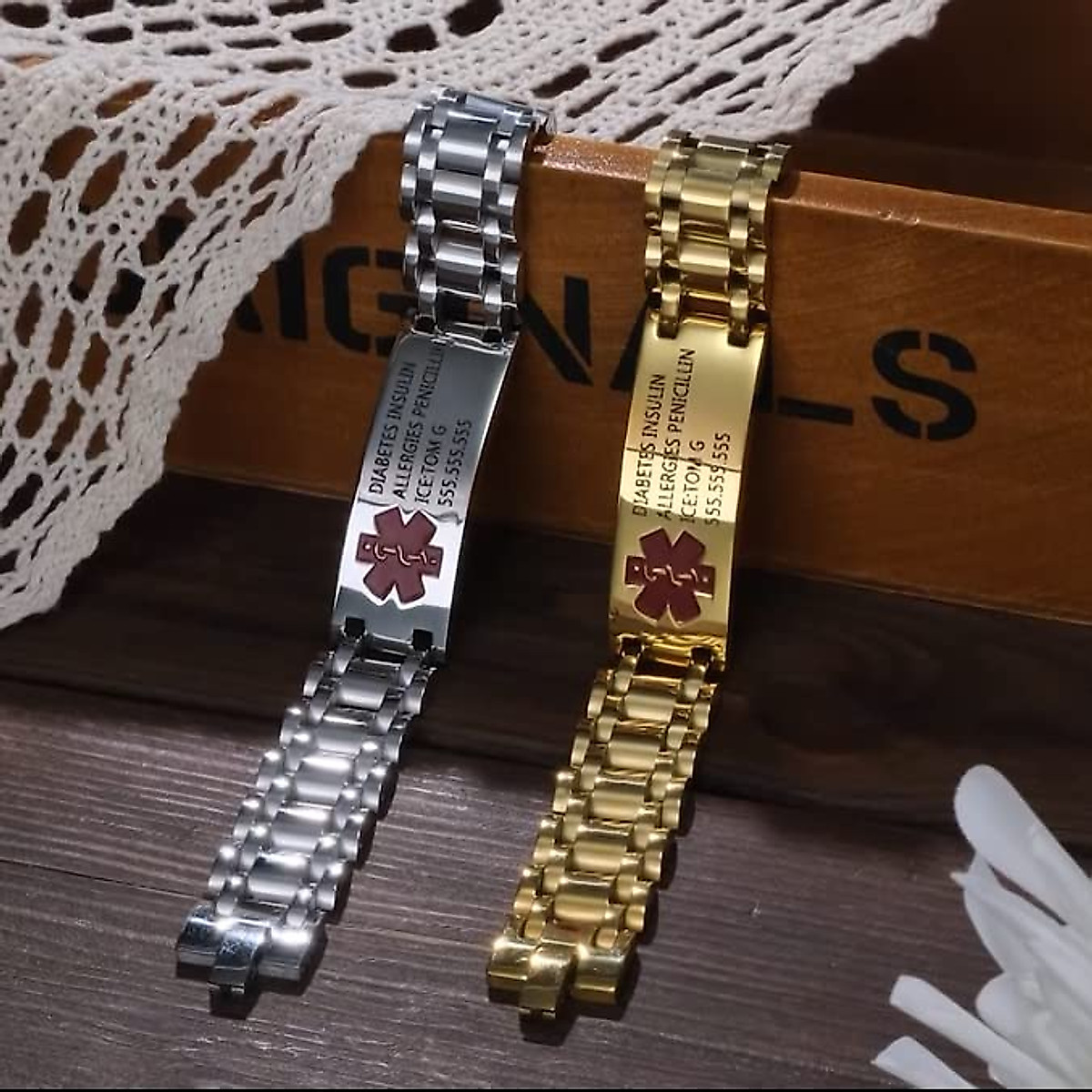 Nameinhea Custom Medical Alert Bracelets for Women Men Free Engraved Adjustable Stainless Steel Waterproof Emergency Medical ID Bracelets Allergy Wristband