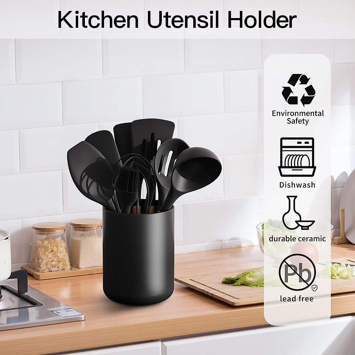 SmartHom Large Utensil Holder for Kitchen Counter, Matte Black Cooking Utensils For Countertop, Modern Ceramic Spatula Crock, Rustic Porcelain Jar Farmhouse Décor 5.5 * 7.2 IN (UH-01)