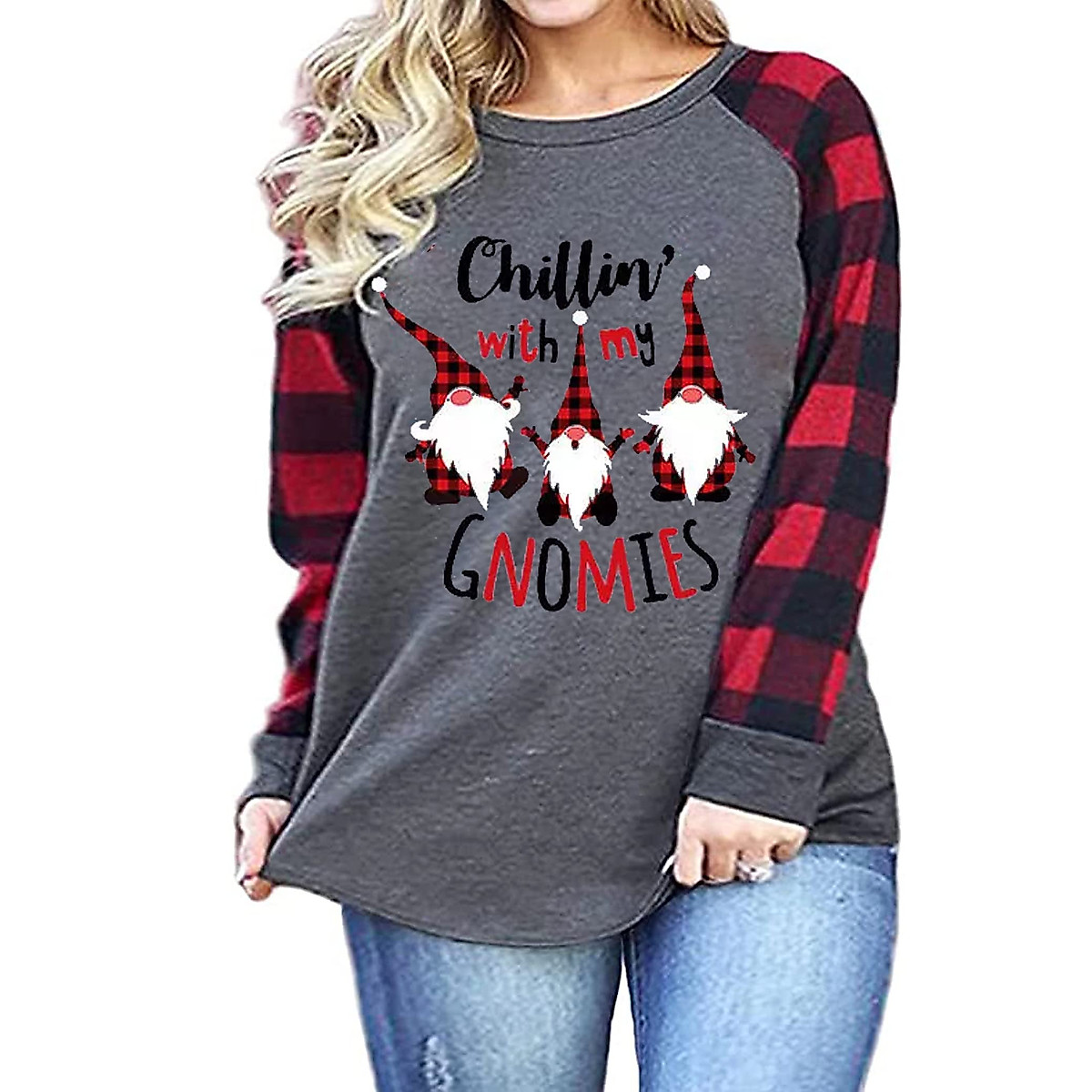 SECETKET Gnome Christmas Shirts for Women Plus Size Christmas Shirt Buffalo Plaid Long Sleeve Tee Holiday Xmas Tops(P5,XL)