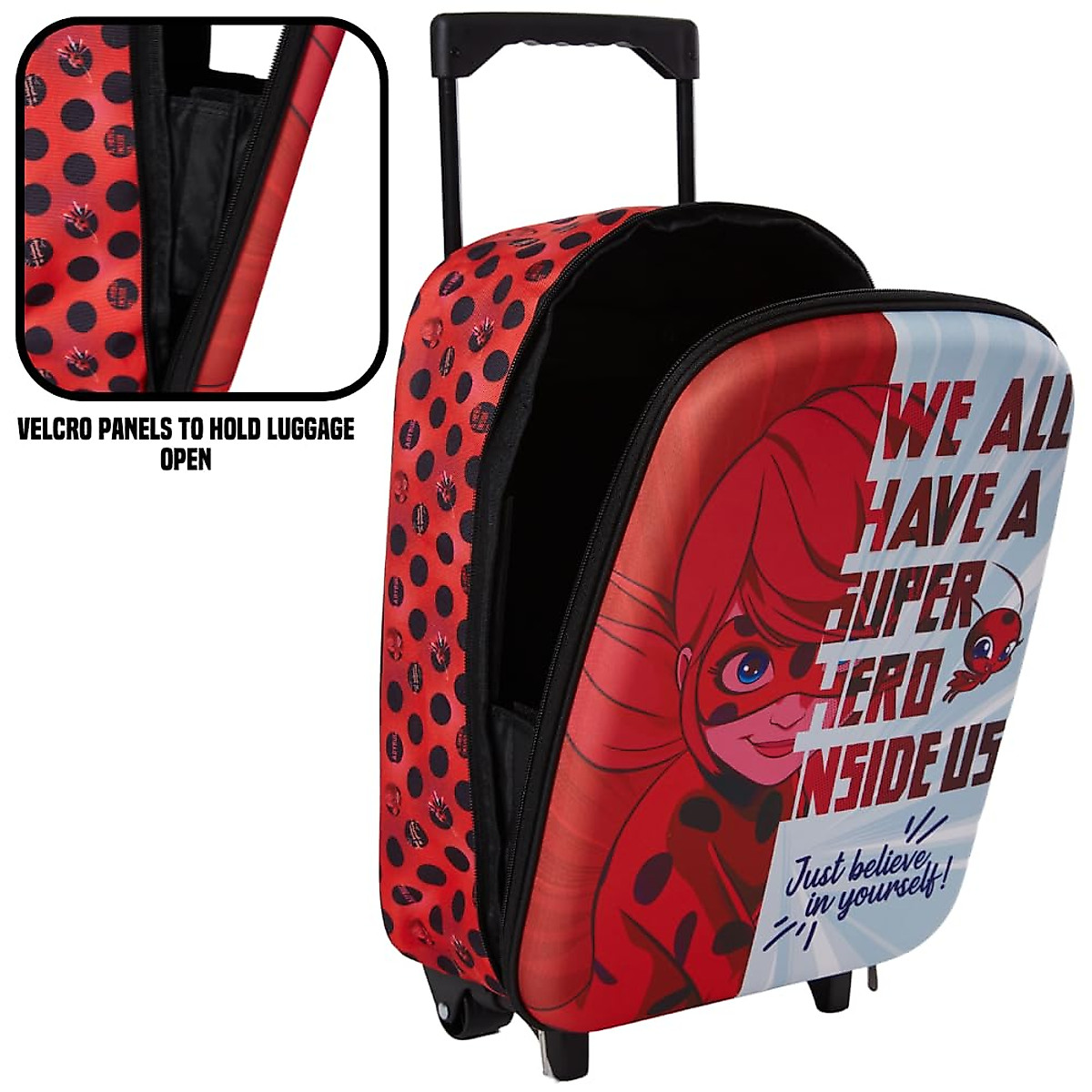 Miraculous Ladybug Carry On Rolling Kids Luggage with Wheels for Girls, 18 Inch, Superhero Lady Bug Convertible Duffle Bag with Side Handle