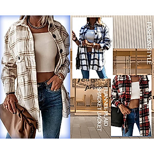 Blansdi Women’s Casual Plaid Flannel Shacket Jacket Oversized Button Down Long Sleeve Fall Shirt Jacket Coat Tops