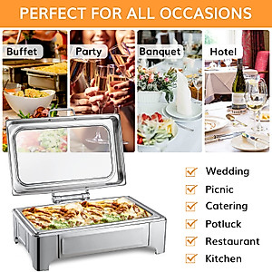 BOOMY LINS Electric Chafing Dish 9QT 2-in-1 Roll Top Rectangle Full Size Auto ShutOff Stainless Steel Buffet Servers and Warmers, 9 Heating level Food Warmer Transparent Glass Lid Chafers for Catering