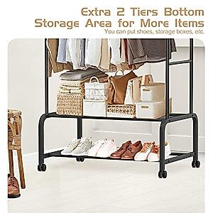 PouHenier.jh Clothing Racks on Wheels for Hanging Clothes with Coat Hook, Upgrade Heavy Duty Rolling Rack for Clothes Organizer, Freestanding Double Rod Metal Garment Rack with Shelves(Black)…