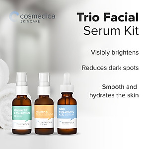 Cosmedica Skincare Facial Serum Trio Set Value for Clear Skin - Vitamin C Super Serum, 2.5% Retinol Serum, Pure Hyaluronic Acid Serum – Vegan, Cruelty-Free Skincare 3 pack