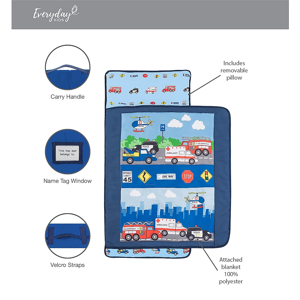 EVERYDAY KIDS Toddler Nap Mat with Removable Pillow -Fire Police Rescue- Carry Handle Fastening Straps Closure, Rollup Design, Soft Microfiber for Preschool, Daycare, Sleeping Bag -Ages 2-6 years