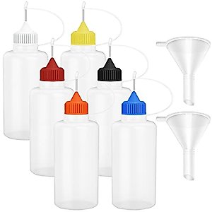 6 Pcs 4 Ounce Needle Tip Glue Bottle 120ml Plastic Dropper Bottles Multicolor Lid with 2 Pcs Mini Funnel for Small Gluing Projects, Paper Quilling DIY Craft, Acrylic Painting