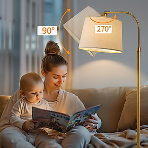 Oneach Modern Floor Lamp for Living Rooms LED Contemporary Arc Standing Lamps for Bedrooms Accent Tall Pole Gold Light for Reading with Hanging Lamp Shade Antique Brass