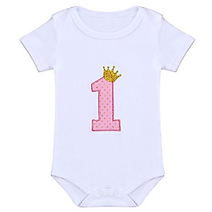 ODASDO Baby Girls First Birthday Outfit Newborn Infant 1st One Year Old Party Cake Smash Photo Props Crown 1 Cotton Short Sleeve Romper + Princess Tutu Skirt + Headband 3pcs Clothes Set Pink 01