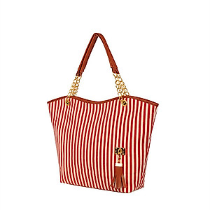 Womens Canvas Handbag Tassel Stripes Purse Tote Fashion Shoulder Bag Large Capacity, Red and White