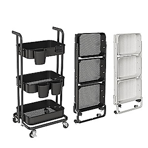 Merapi 3 Tier Metal Foldable Rolling Cart(Black/White Random Delivery), Utility Cart with Wheels, Hanging Cups and Hooks, Folding Storage Cart for Living Room, Kitchen, Bathroom, Bedroom