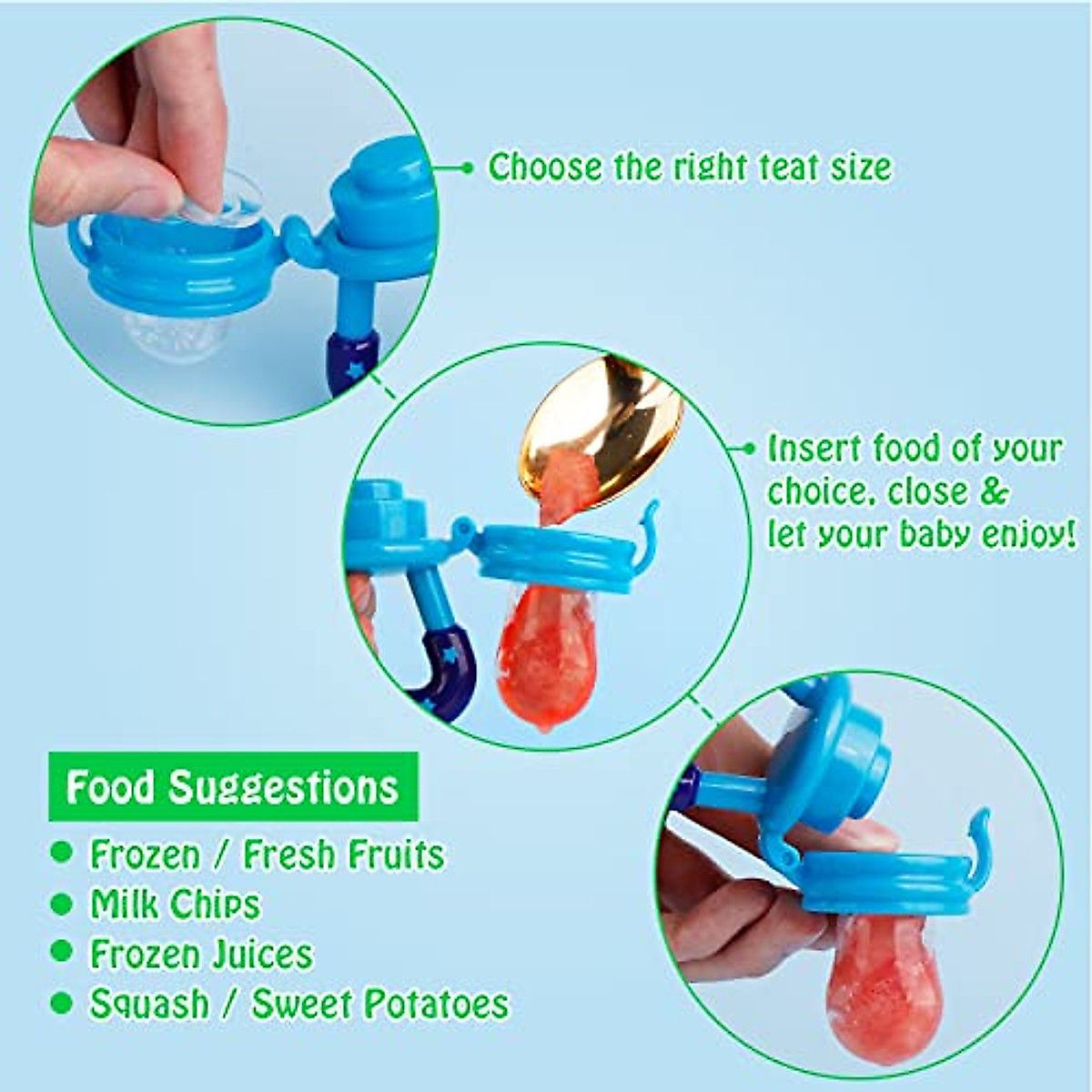 Baby Food Feeder/Fruit Feeder Pacifier (2 Pack) - HAOBAOBEI Infant Teething Toy Teether in Appetite Stimulating Colors, Bonus Includes 3 Sizes Silicone Pouches