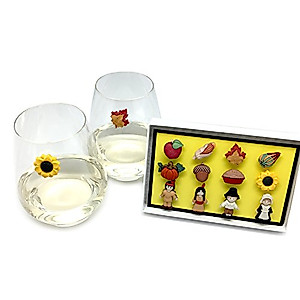 Thanksgiving Magnetic Wine Glass Charms Set of 12 Perfect Drink Markers for Stemless Glasses, Champagne Flutes & More - Great Hostess Gift