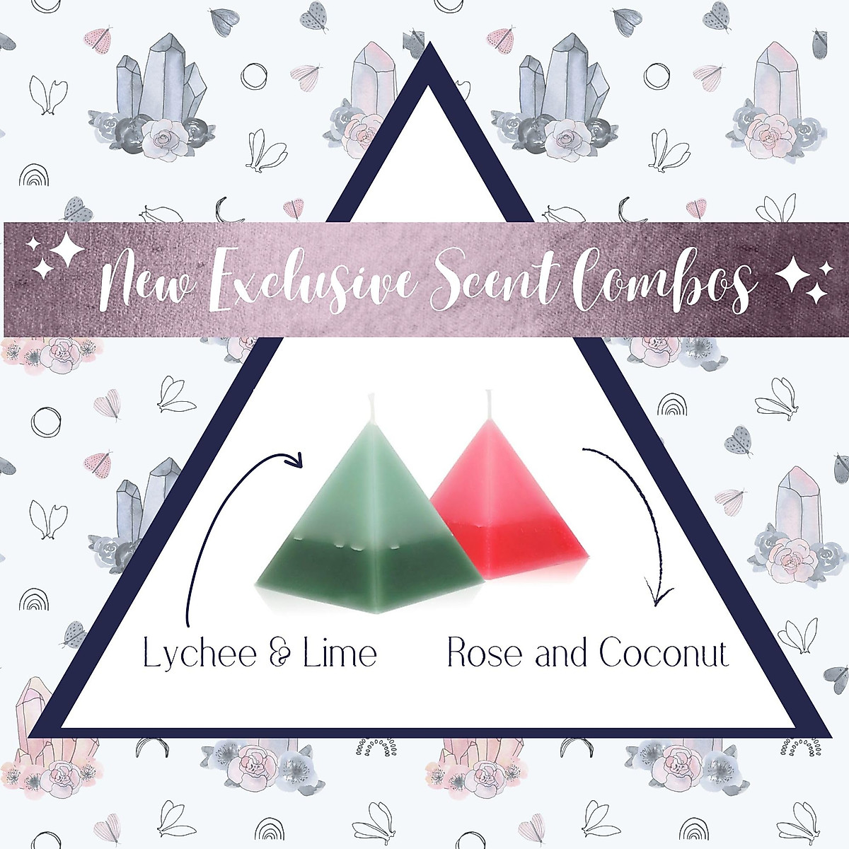 Fifi Peony Gemstone Candles- Surprise Hidden Crystals Embedded in a Stunning Pyramid Canlde. Scented with Fruity Lychee and Lime.