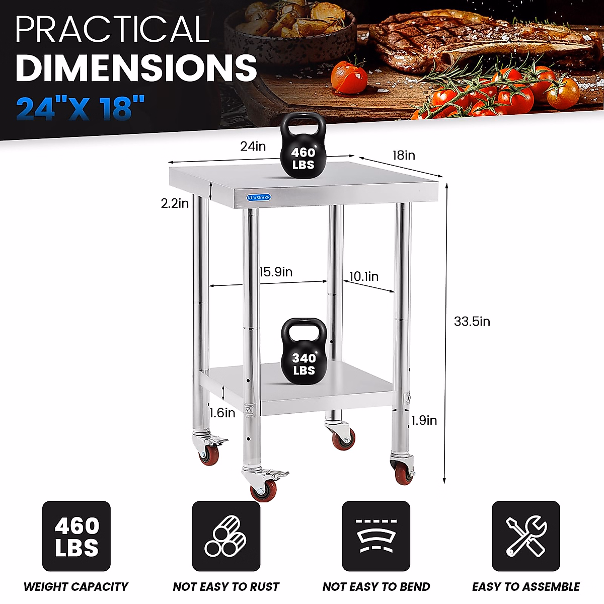 KUARBARR Stainless Steel Table for Prep & Work with 4 Caster Wheels with Undershelf 18 x 24 NSF Metal Commercial Kitchen Prep Table with Adjustable Under Shelf Worktable for Restaurant Home Outdoor