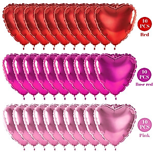 ASTARON 30 Pcs Red Pink Heart Balloons for Valentines Day Decor Accessories, 18 In Large Heart Balloon Foil Rose Red Heart Balloons for Romantic Night Wedding Bridal Shower Decorations