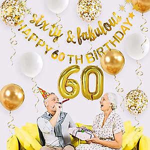 Gold Sixty & Fabulous Happy 60th Birthday Banner Garland Foil Balloon 60 for Womens 60th Birthday Decorations Hanging 60 and Fabulous Cheers to 60 Years Old Birthday Party Supplies Backdrop